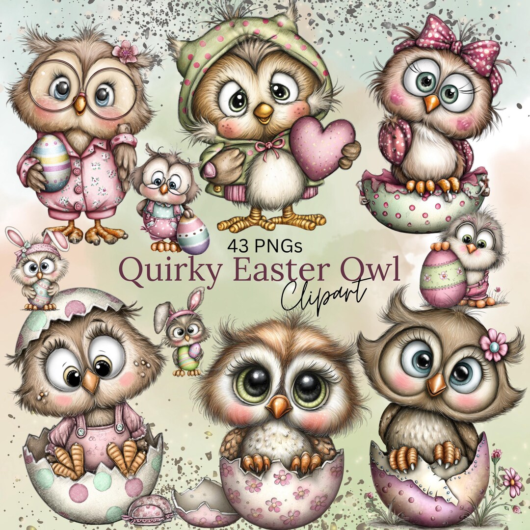 Quirky Easter Owl Clipart Bundle | 43 Cute Baby Owl Pngs | Pastel ...