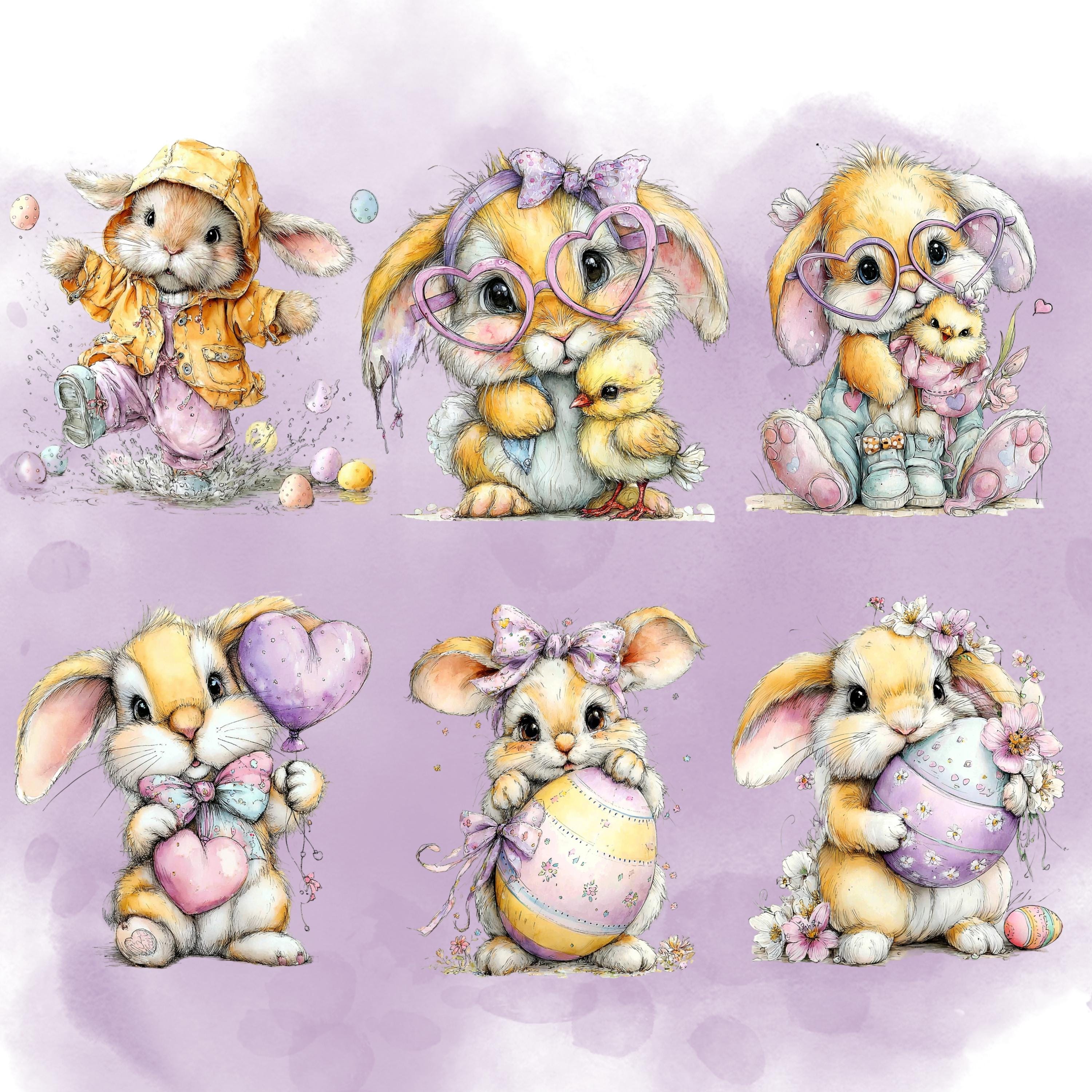 Cute Easter Bunny Clipart Bundle PNG, Whimsical Spring Rabbit Clip Art ...