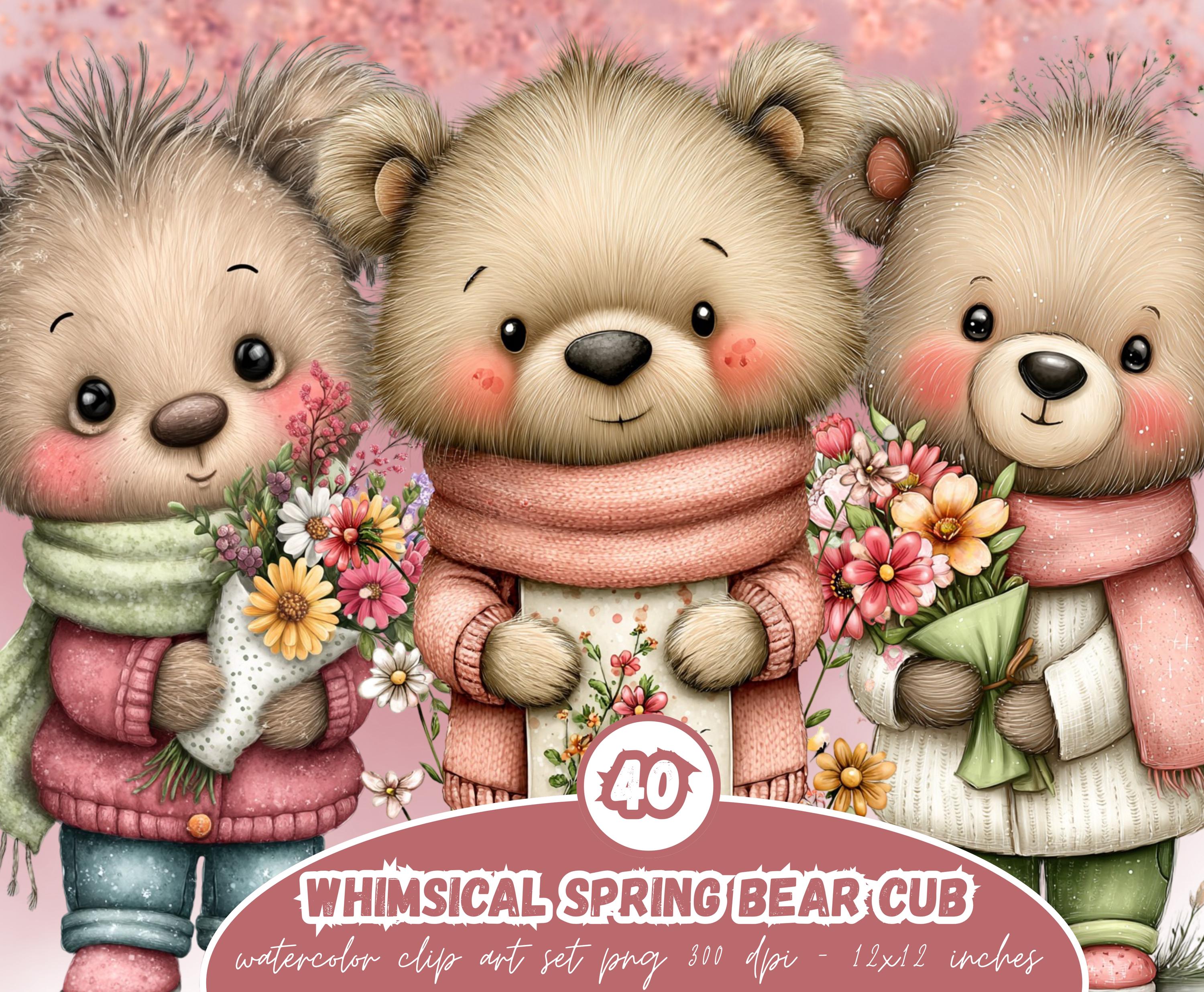 40 PNG Spring Easter Bear Clipart Watercolor Cute Teddy Bears Floral ...