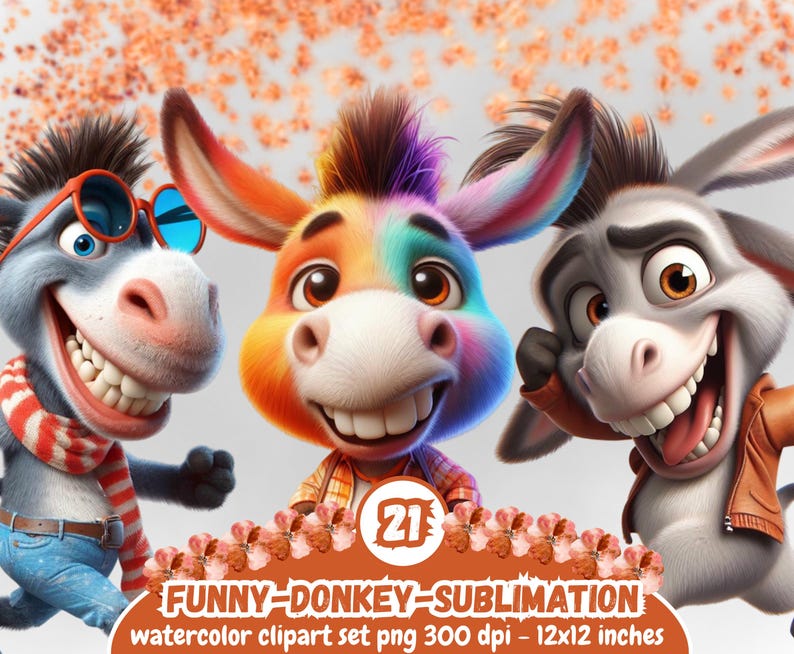 21 Funny Donkey Png Bundle, Cute Donkey Clipart, Watercolor Funny ...