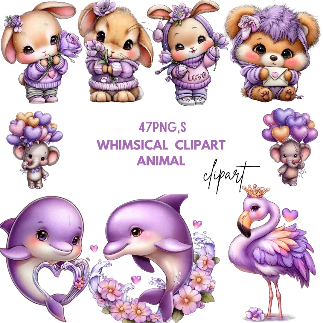 47 PNG Whimsical Animal Clipart | Cute Purple Animals | Baby Animal ...