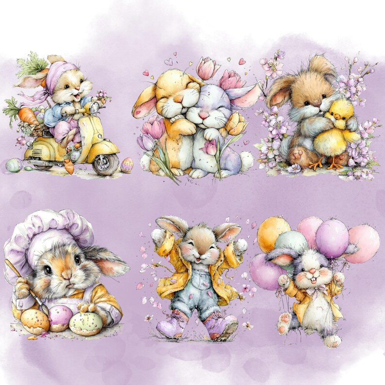 Cute Easter Bunny Clipart Bundle PNG, Whimsical Spring Rabbit Clip Art ...