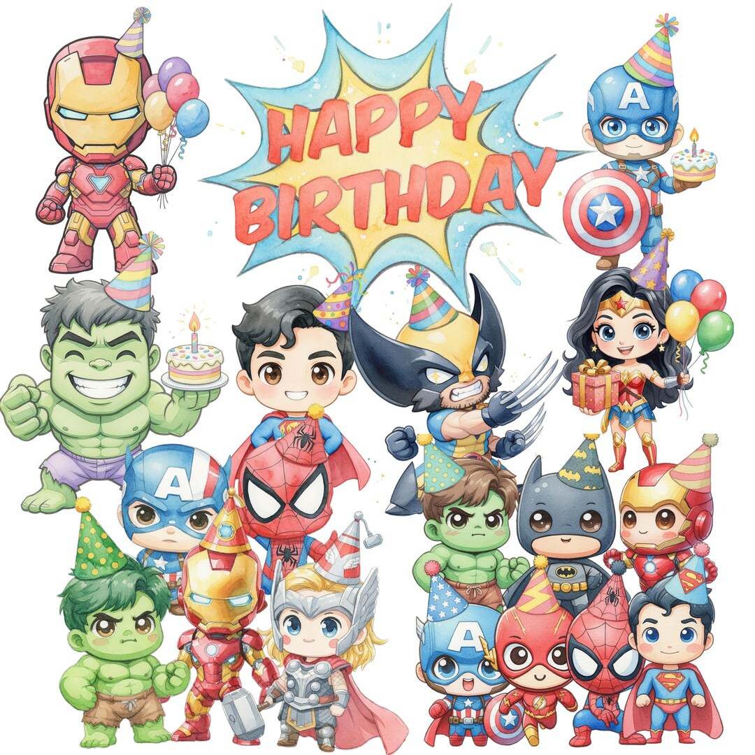 Watercolor Superhero Birthday PNG Bundle, Chibi Hero Clipart, Kids ...