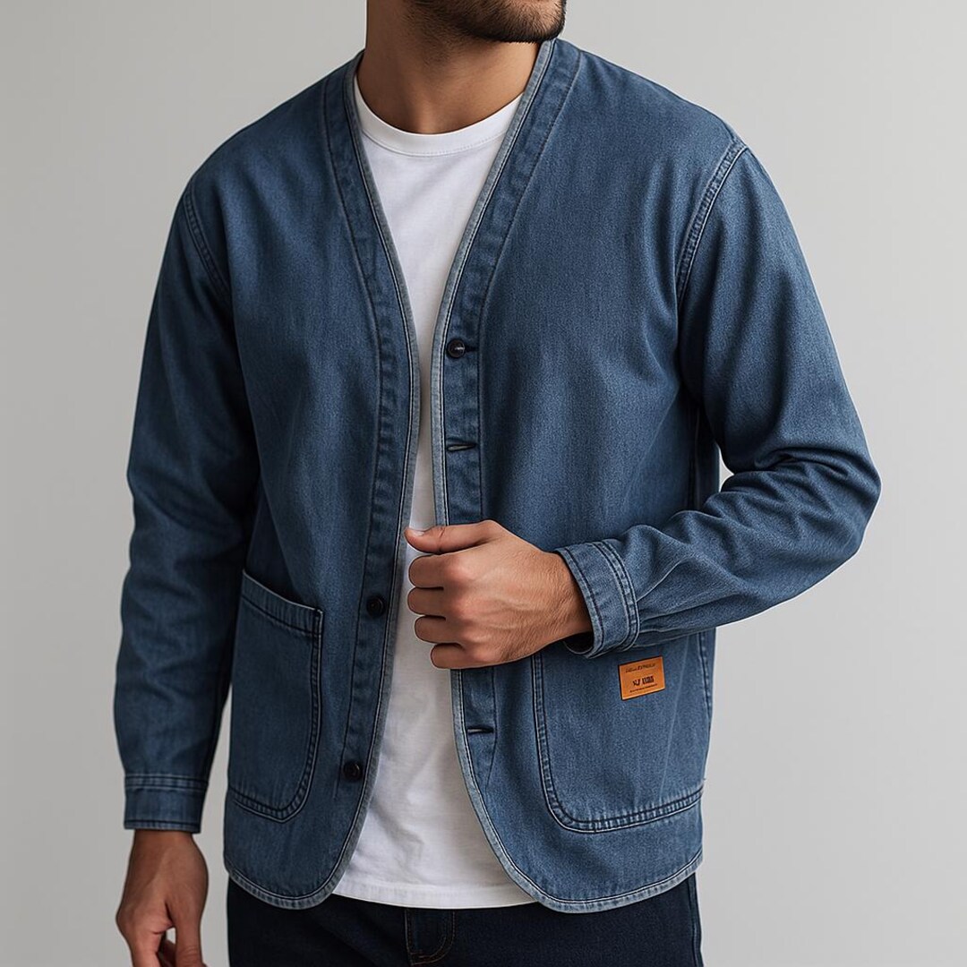 Men's Vintage Style Denim Jacket - Washed Blue Cotton Cardigan - Etsy