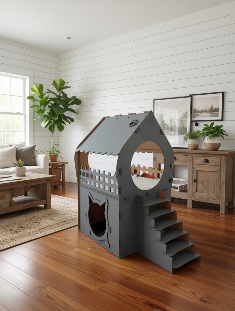 Modern Terrace Cat House With Ladder, Antrasite MDF Small Breed Pet ...