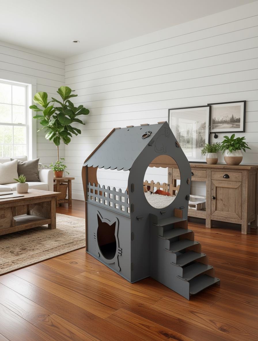 Modern Terrace Cat House With Ladder, Antrasite MDF Small Breed Pet ...