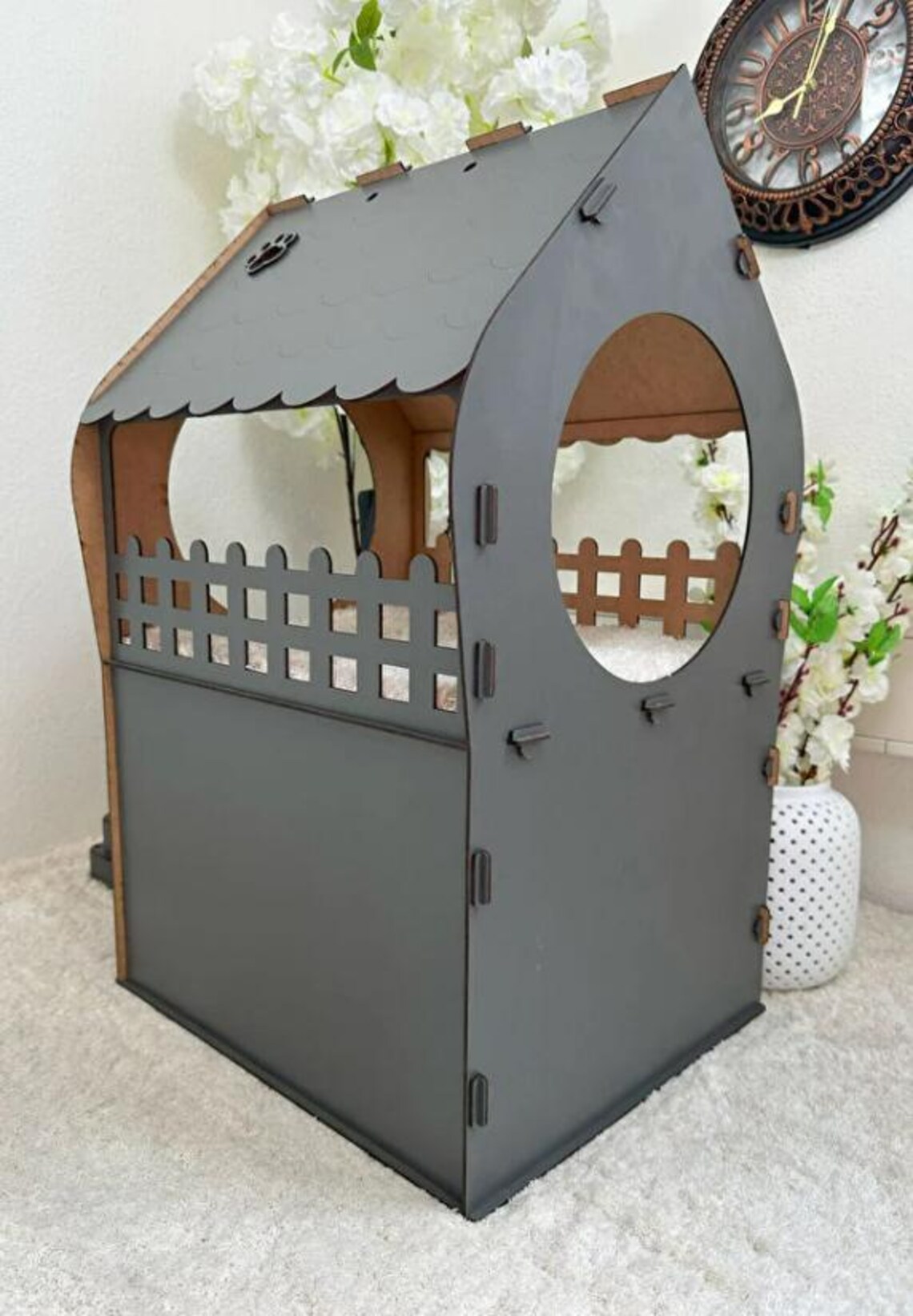 Modern Terrace Cat House With Ladder, Antrasite MDF Small Breed Pet ...