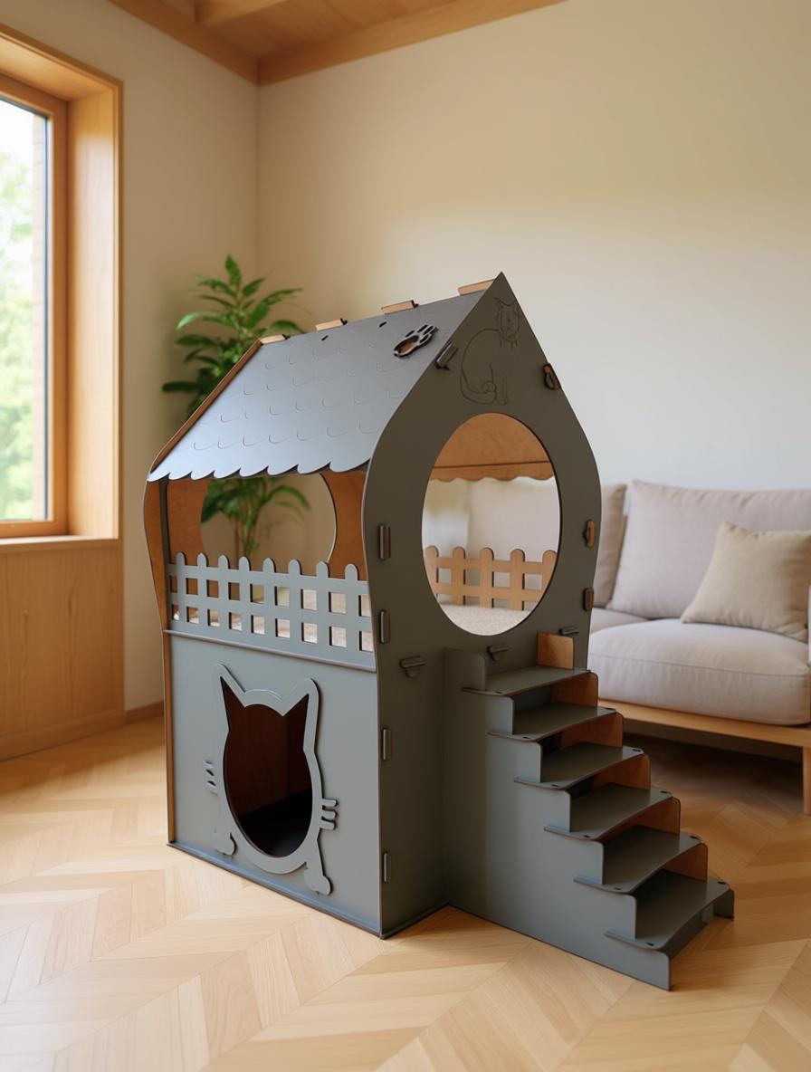 Modern Terrace Cat House With Ladder, Antrasite MDF Small Breed Pet ...