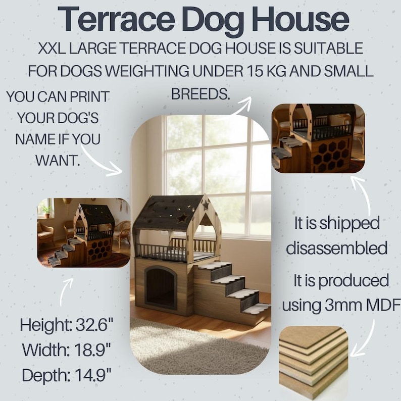 Wooden Dog House With Terrace, Honeycomb Patterned Staircase Dog House ...