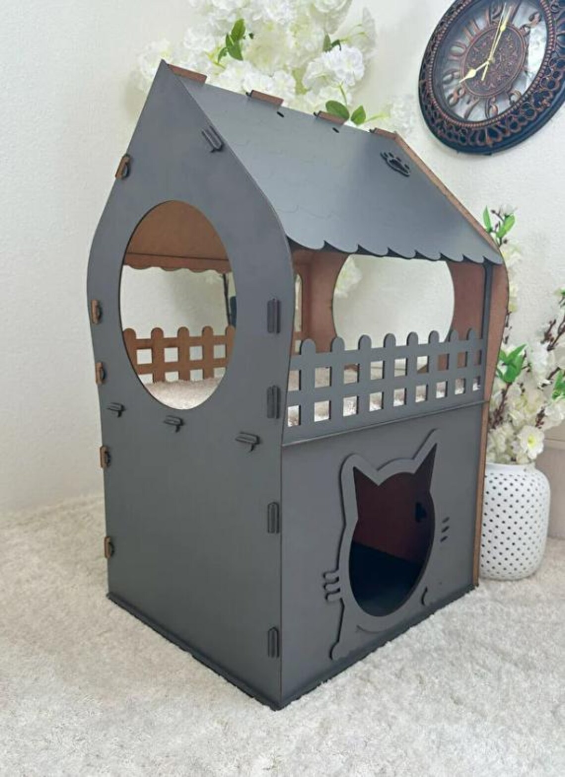Modern Terrace Cat House With Ladder, Antrasite MDF Small Breed Pet ...
