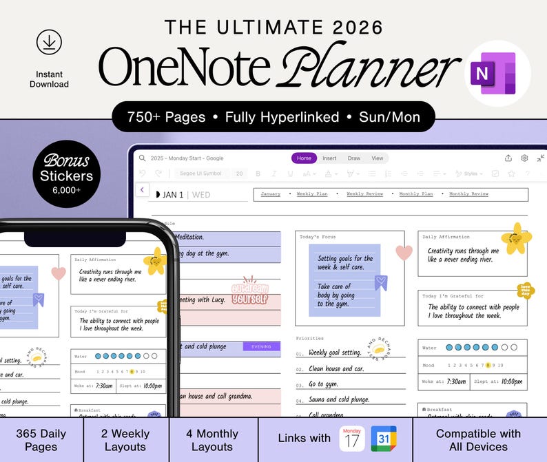 Onenote Planner 2026 • Hyperlinked Digital Planner • One Note Template ...