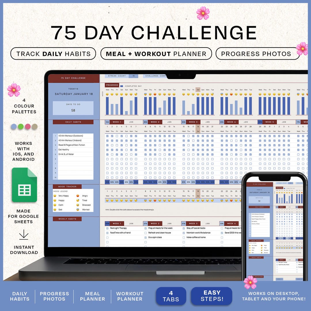 75 Soft Challenge 75 Hard Tracker Weight Loss Tracker Google Sheets ...