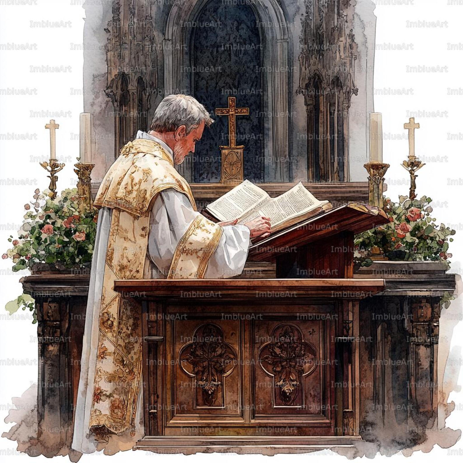 24 Priest at Altar Clipart | Reading Sacred Text | Printable Watercolor ...