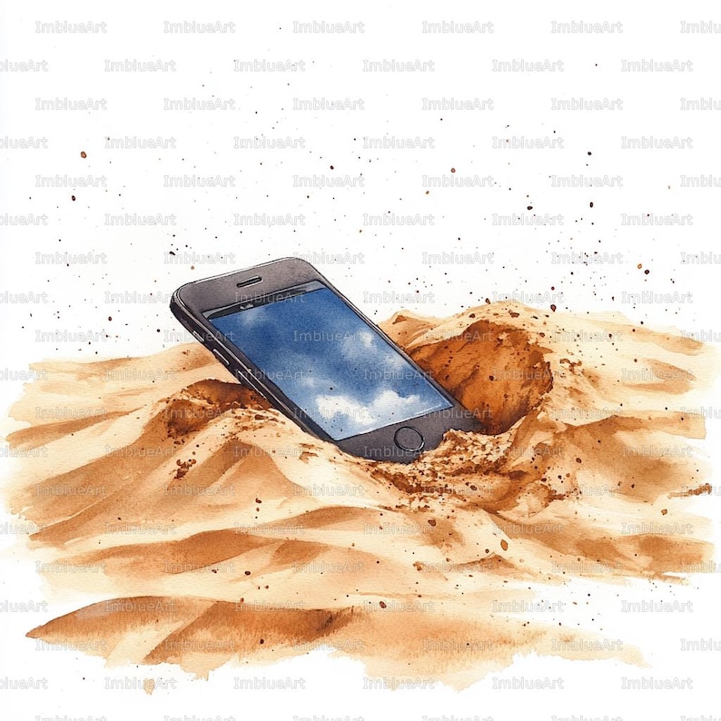 24 Phone Clipart, Smartphone Fallen in Sand Summer Travel Accident ...