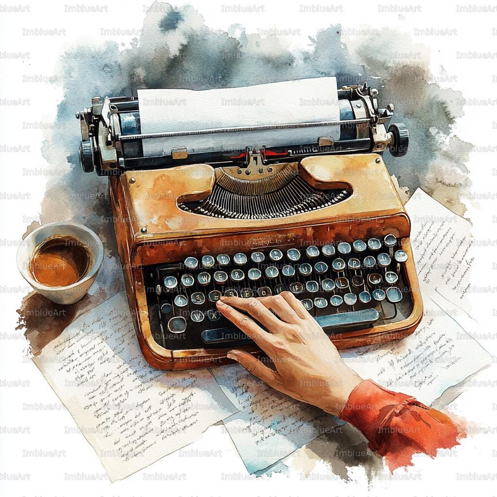 24 Typewriter Hands Clipart, Vintage Writing Scene, Writer Watercolor ...