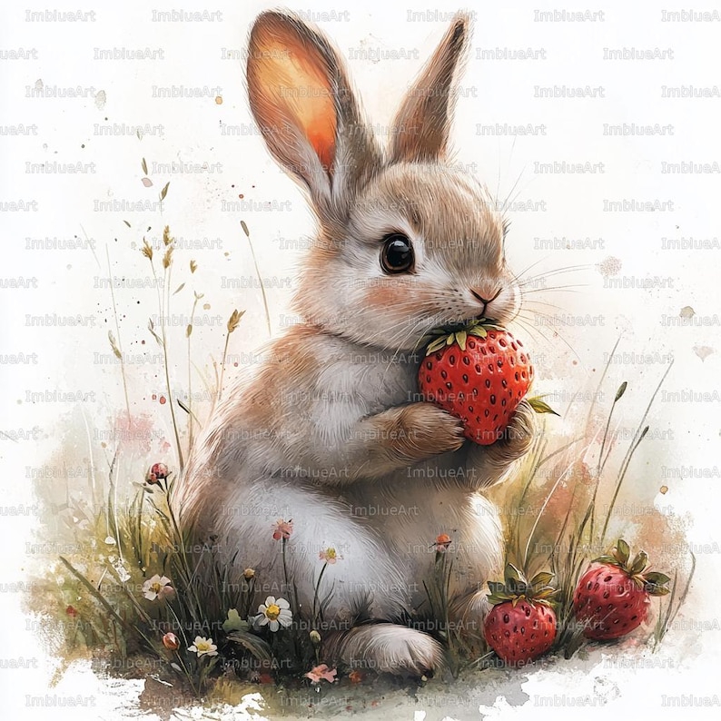 24 Bunny Clipart, Bunny With Strawberry Sweet Spring Animal Scene ...