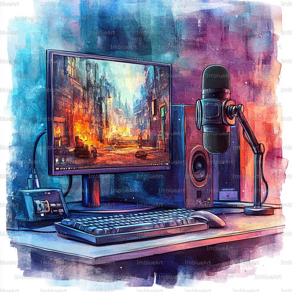 24 Game Streamer Clipart, Live Streaming Setup Illustration, Watercolor ...