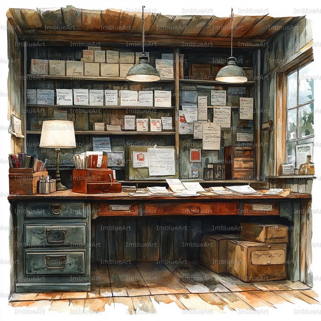 24 Old Post Office Counter Clipart, Vintage Letters and Stamps Scene ...
