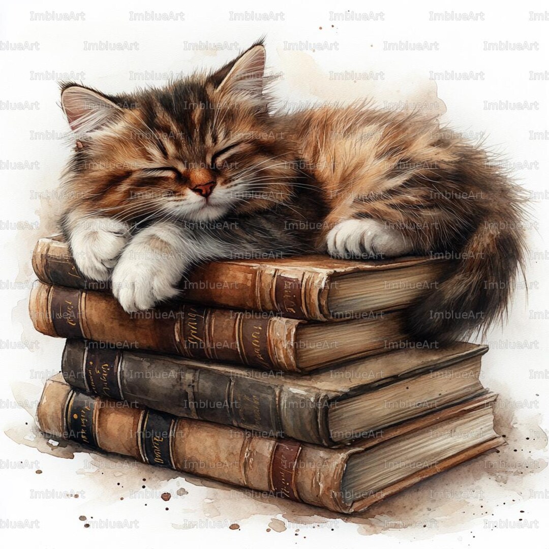 21 Cat on Books Clipart, Cozy Reading Corner Scene, Quiet Home Library ...