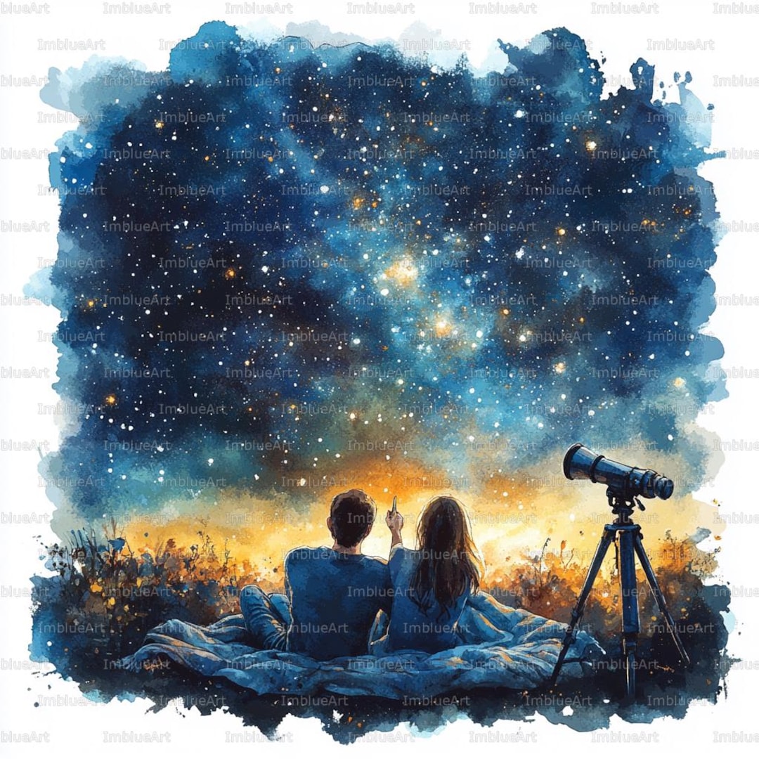 19 Stargazing Couple Clipart, Romantic Night Sky Date Scene, Watercolor ...