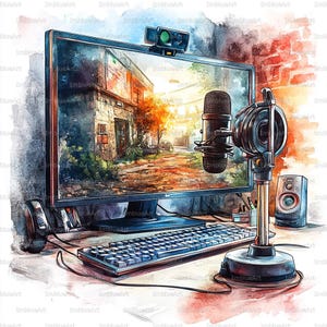 24 Game Streamer Clipart, Live Streaming Setup Illustration, Watercolor ...