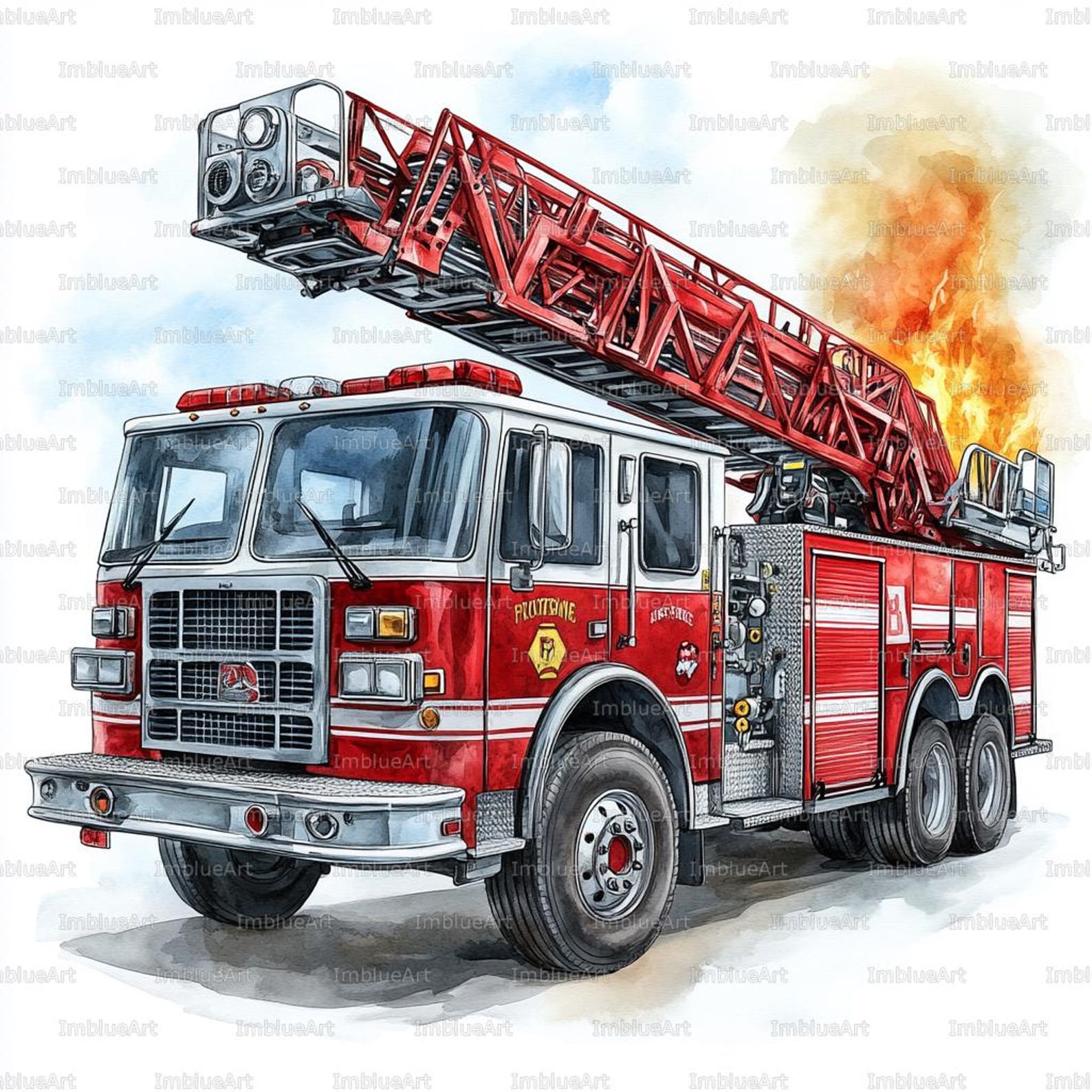 24 Fire Truck Clipart, Watercolor Fire Engine With Ladder, Watercolor ...
