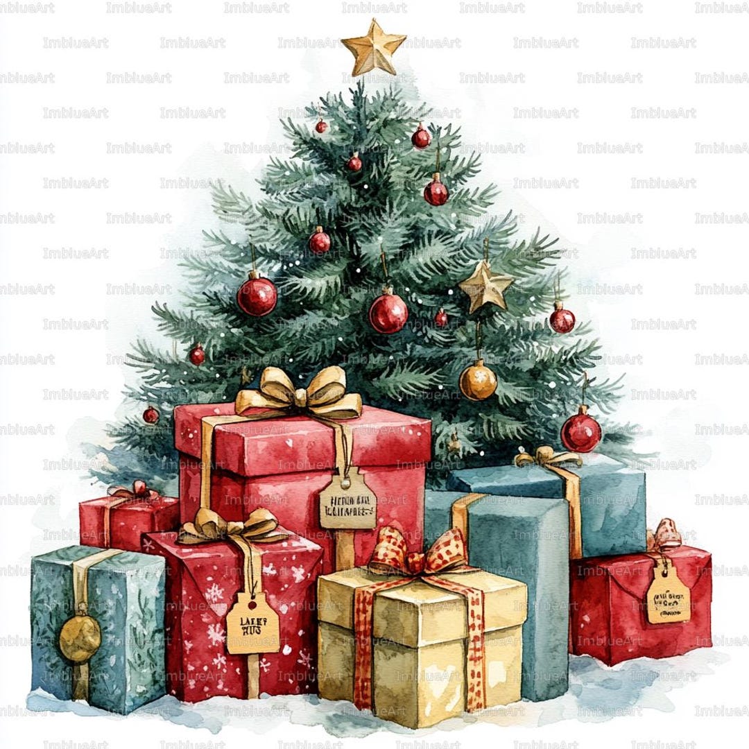24 Gifts Under Tree Clipart | Christmas Presents | Printable Watercolor ...