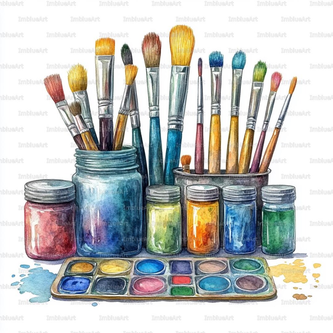 24 Paint Brushes Clipart, Artist Art Supplies Set, Watercolor Printable ...