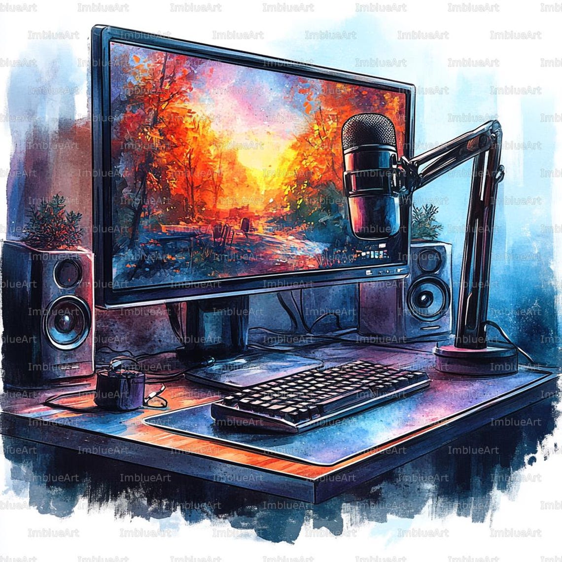 24 Game Streamer Clipart, Live Streaming Setup Illustration, Watercolor ...