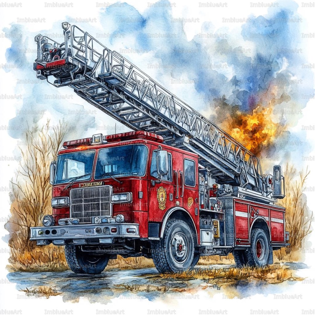 24 Fire Truck Clipart, Watercolor Fire Engine With Ladder, Watercolor ...