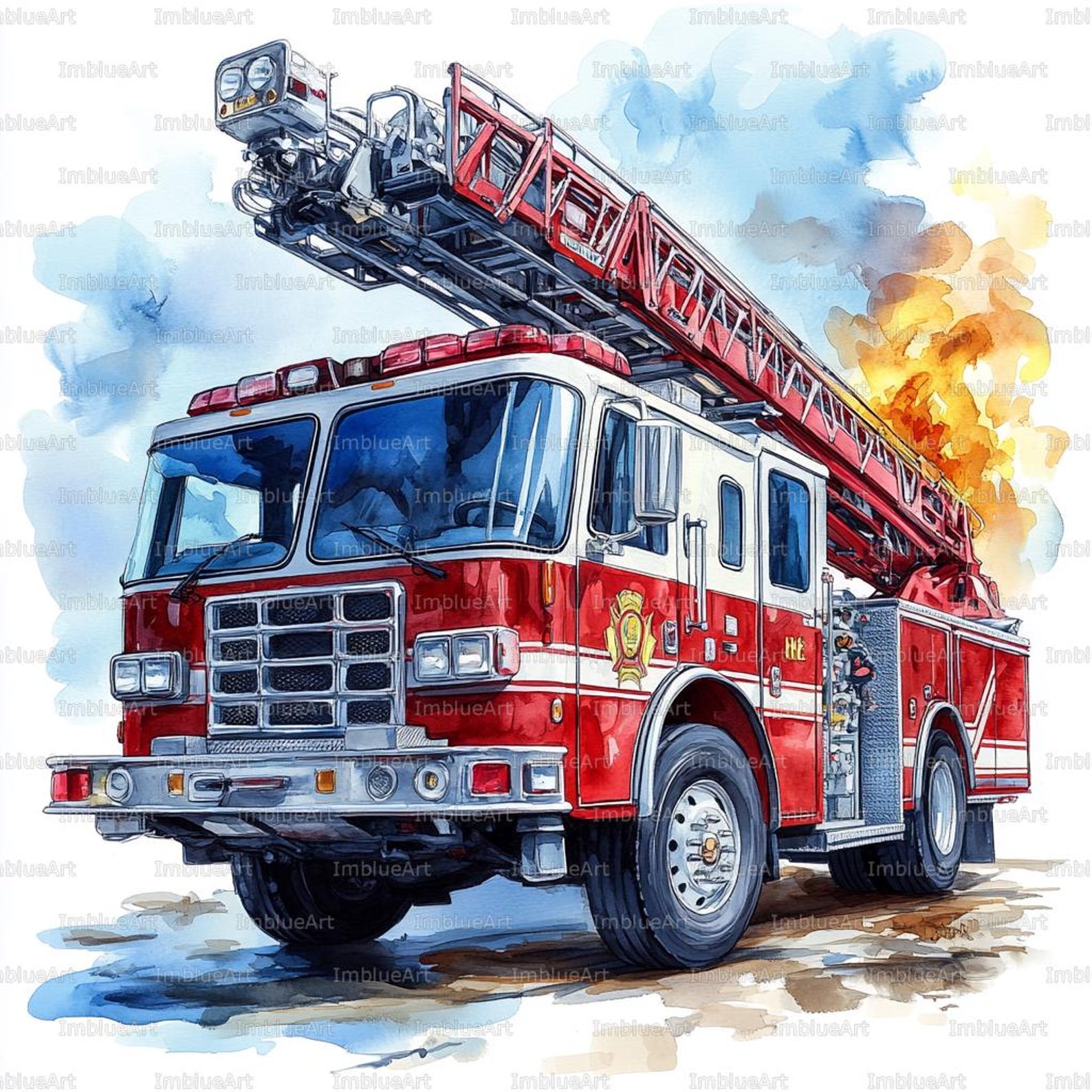 24 Fire Truck Clipart, Watercolor Fire Engine With Ladder, Watercolor ...