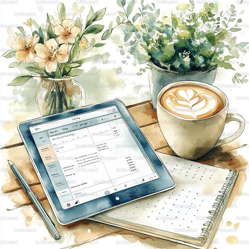 24 Digital Planner Clipart, Cozy Tablet Workspace Girl Desk Scene ...
