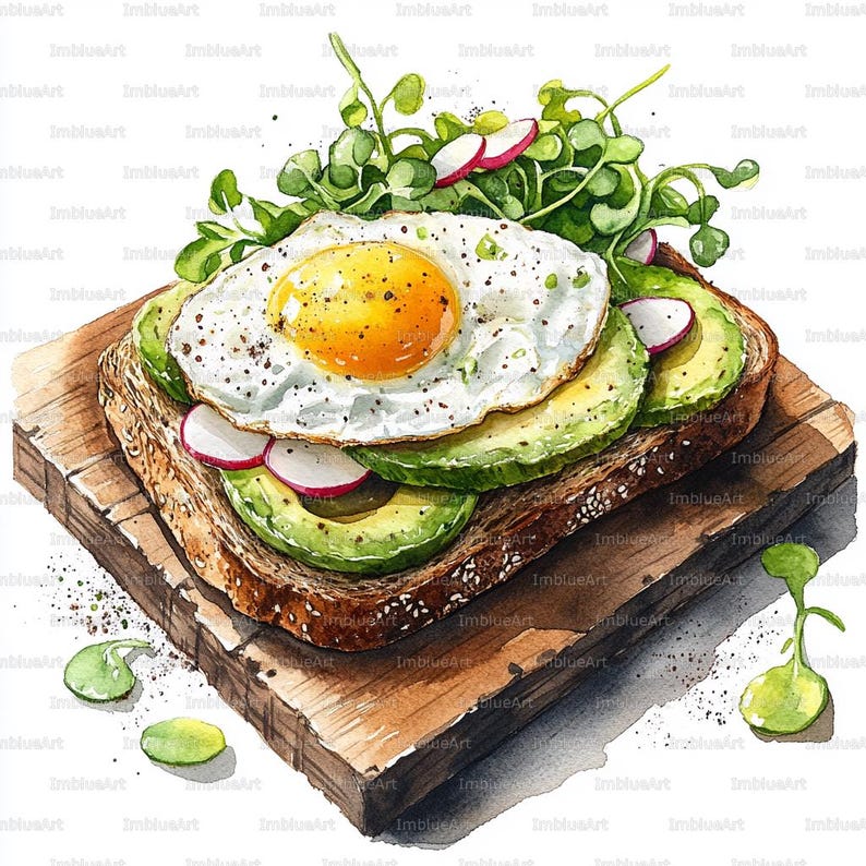 24 Avocado Toast Clipart, Rustic Breakfast Art, Watercolor Printable ...