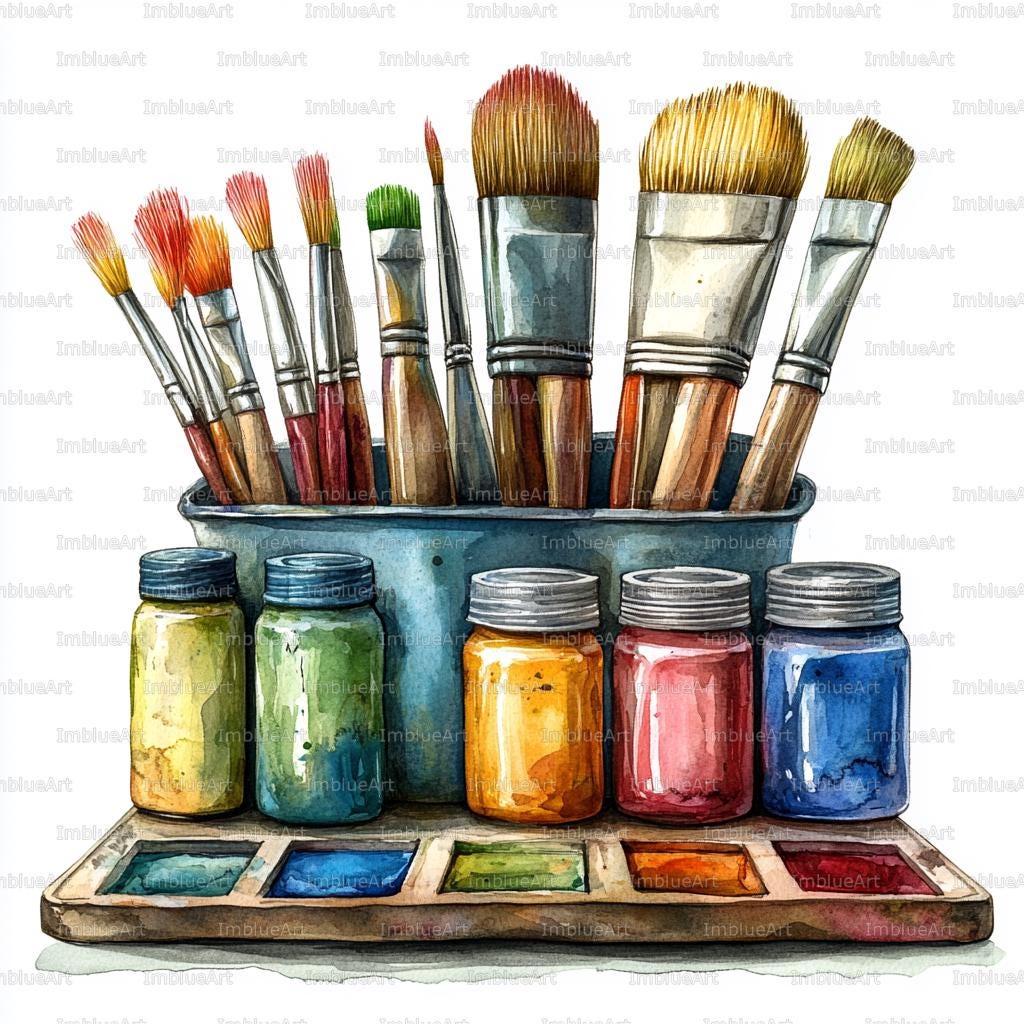 24 Paint Brushes Clipart, Artist Art Supplies Set, Watercolor Printable ...