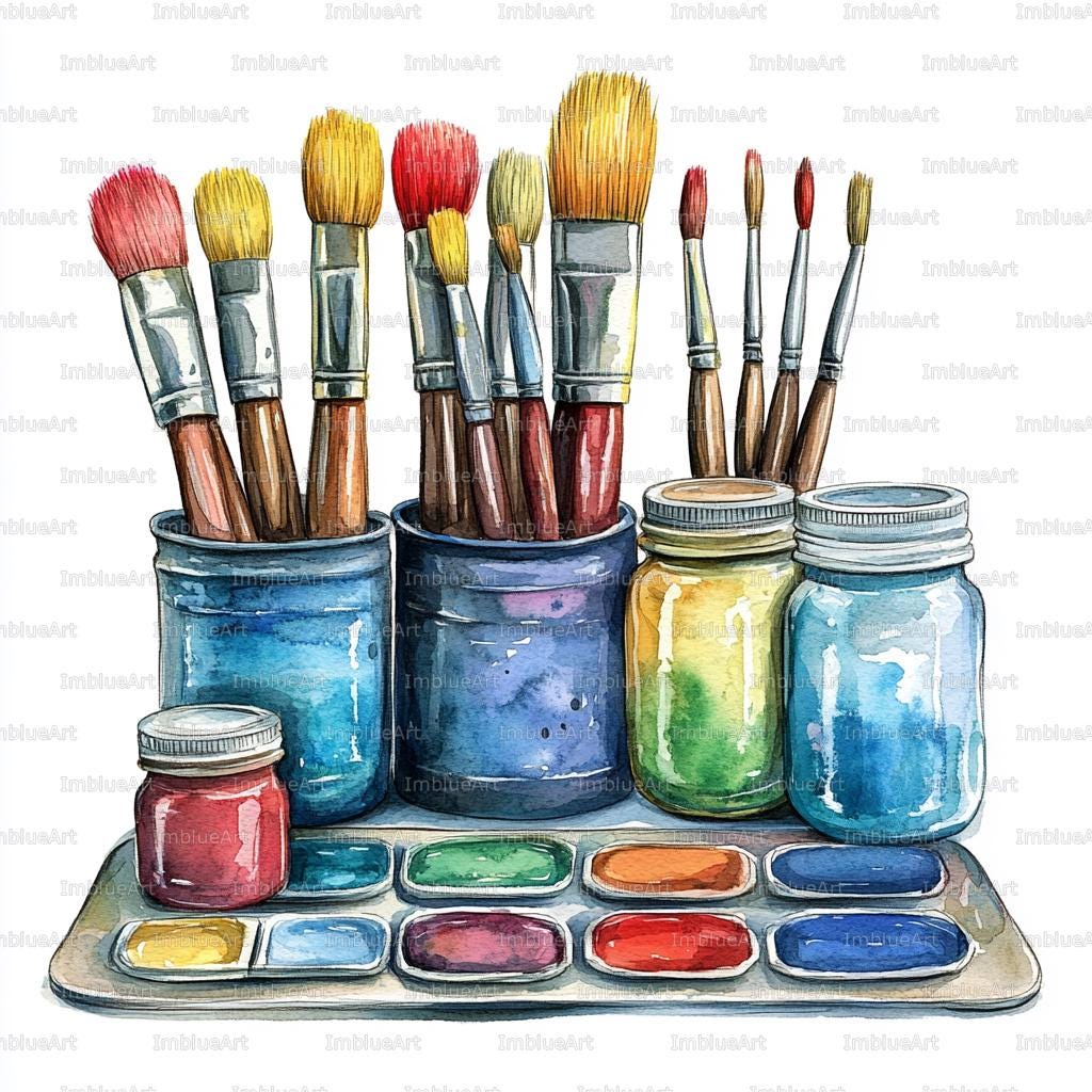 24 Paint Brushes Clipart, Artist Art Supplies Set, Watercolor Printable ...
