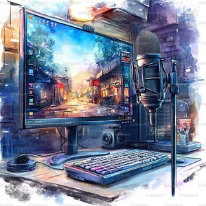 24 Game Streamer Clipart, Live Streaming Setup Illustration, Watercolor ...