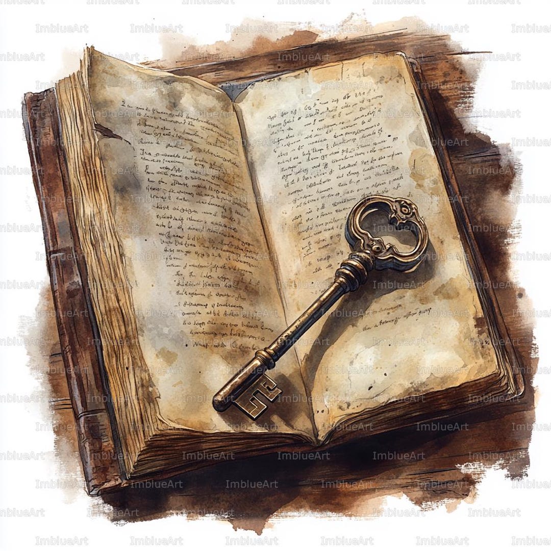 24 Old Key on Book Clipart, Vintage Mystery, Antique Key Book Scene ...