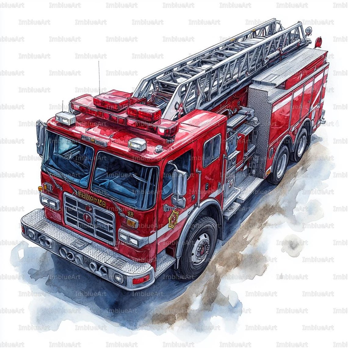 24 Fire Truck Clipart, Watercolor Fire Engine With Ladder, Watercolor ...