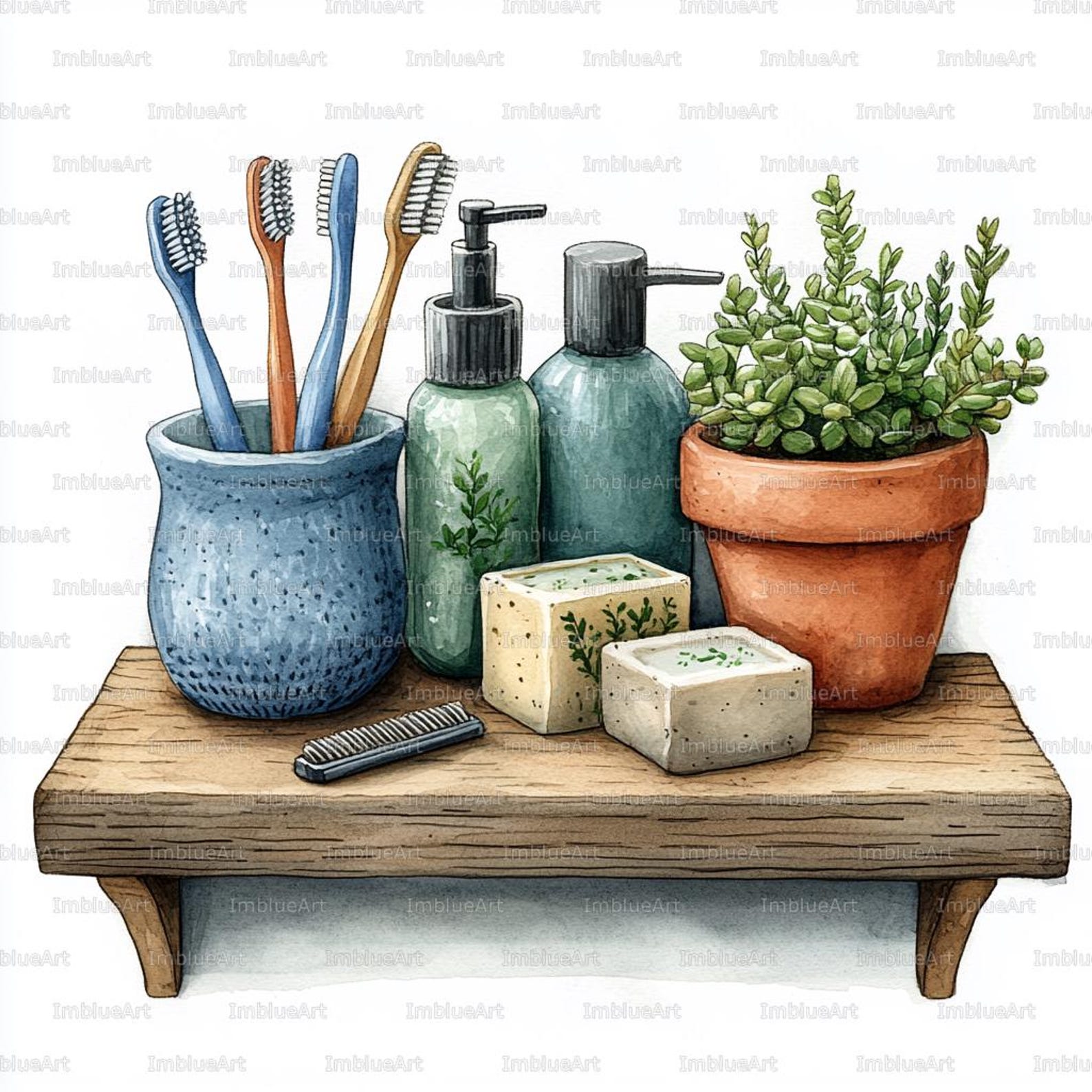 24 Bathroom Details Clipart, Morning Routine Scene, Watercolor ...