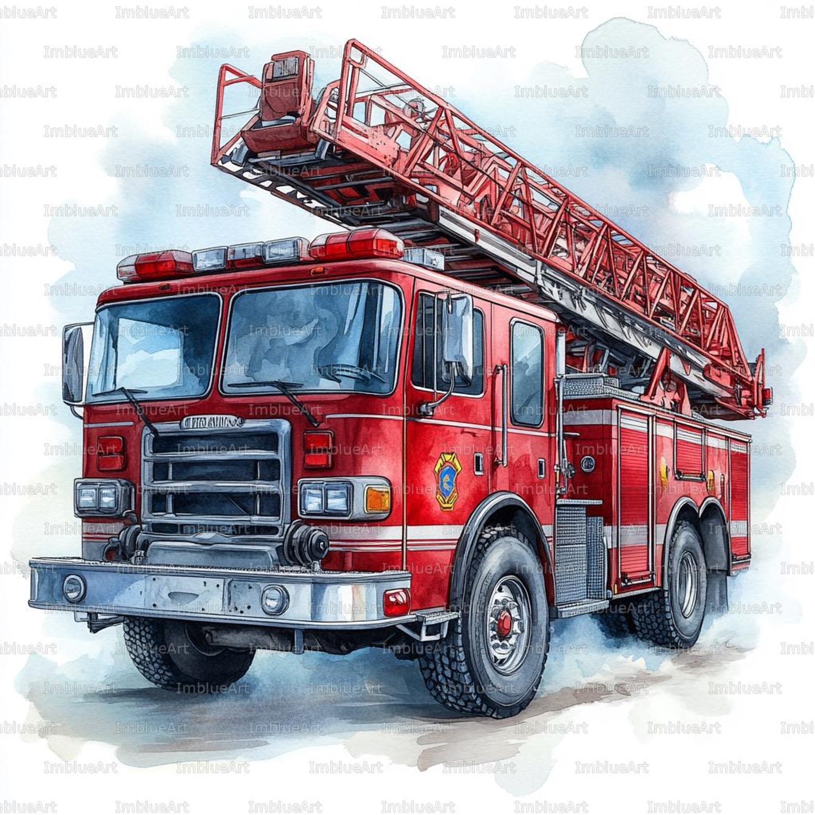 24 Fire Truck Clipart, Watercolor Fire Engine With Ladder, Watercolor ...