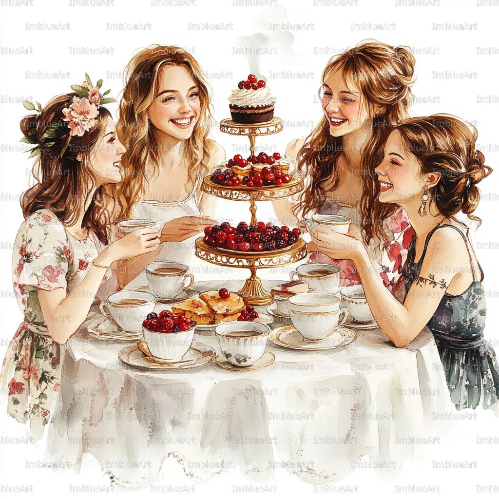 24 Tea Party Clipart, Friends Gathering Scene, Watercolor Printable JPG ...