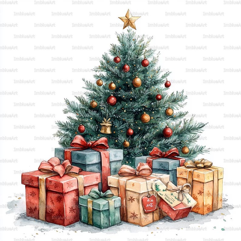 24 Gifts Under Tree Clipart | Christmas Presents | Printable Watercolor ...