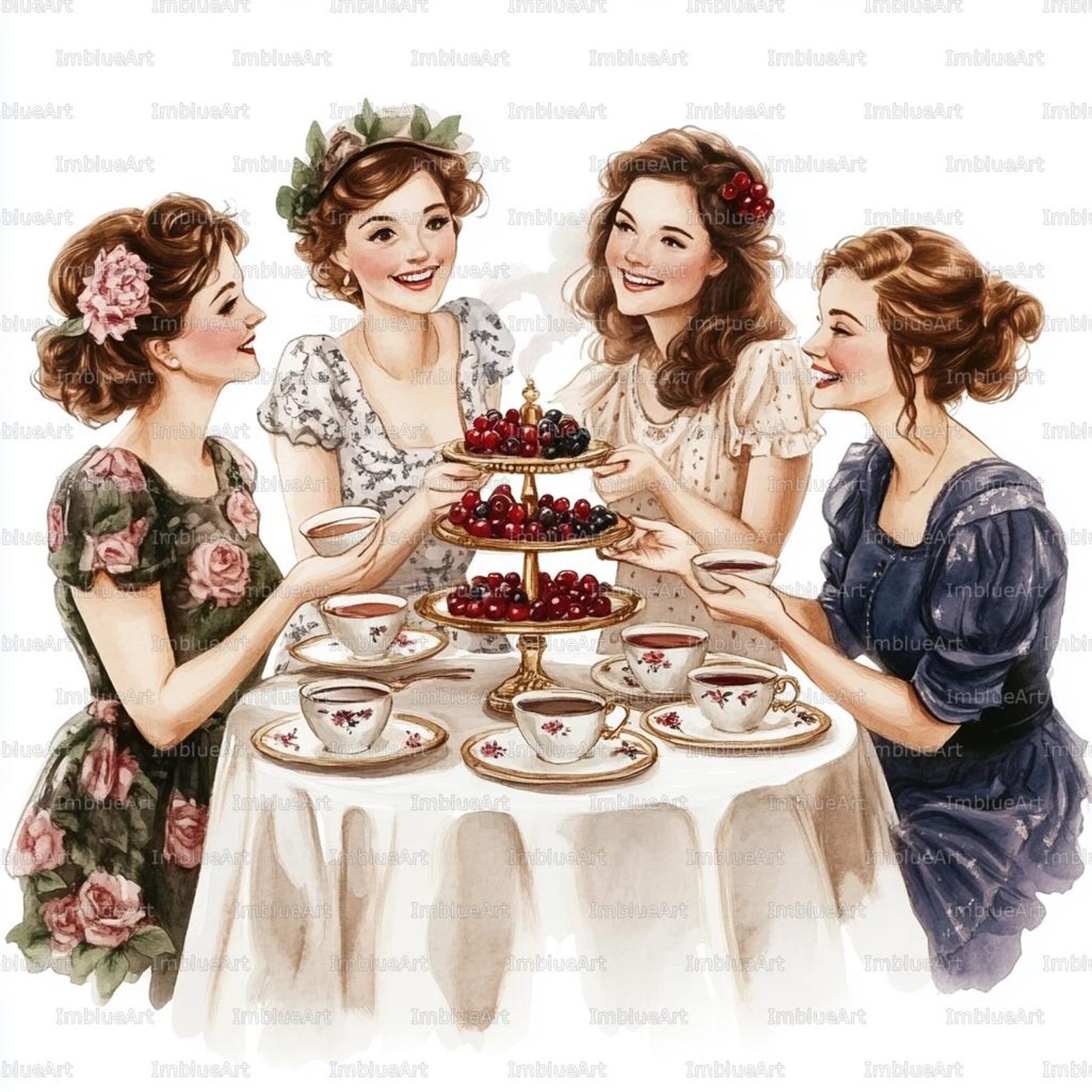 24 Tea Party Clipart, Friends Gathering Scene, Watercolor Printable JPG ...