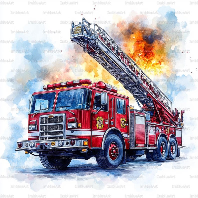 24 Fire Truck Clipart, Watercolor Fire Engine With Ladder, Watercolor ...