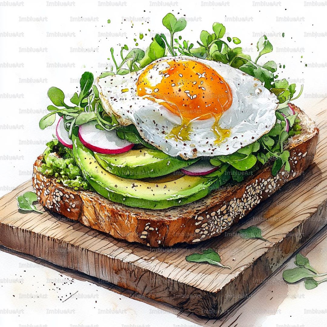 24 Avocado Toast Clipart | Rustic Breakfast Art | Printable Watercolor ...