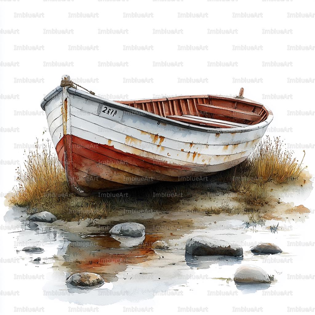 24 Old Boat by Shore Clipart, Quiet Coastal Still Life, Nostalgic ...
