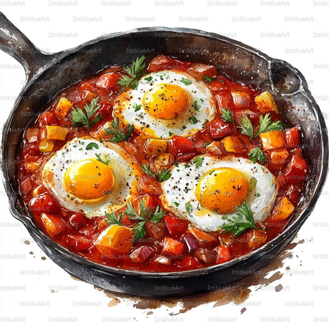 24 Shakshuka Clipart, Middle Eastern Dish, Watercolor Printable JPG ...