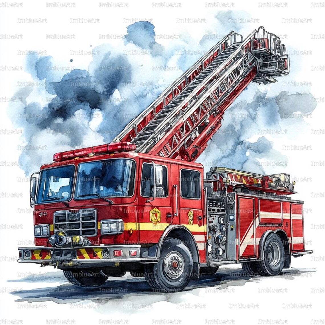24 Fire Truck Clipart, Watercolor Fire Engine With Ladder, Watercolor ...