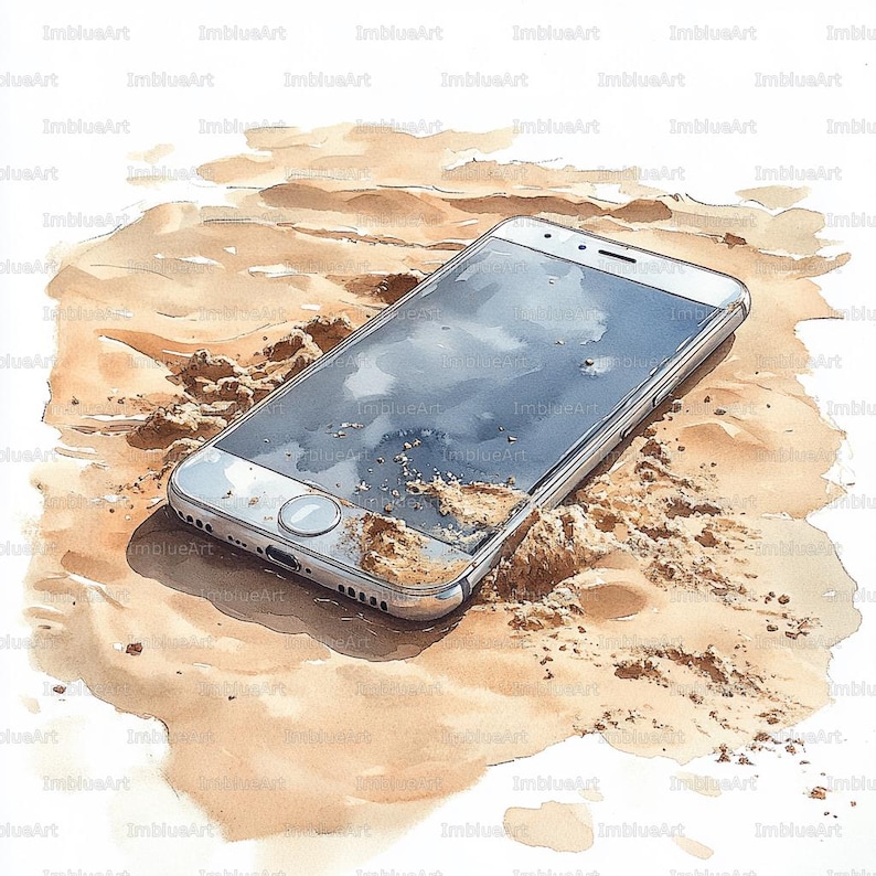 24 Phone Clipart, Smartphone Fallen in Sand Summer Travel Accident ...