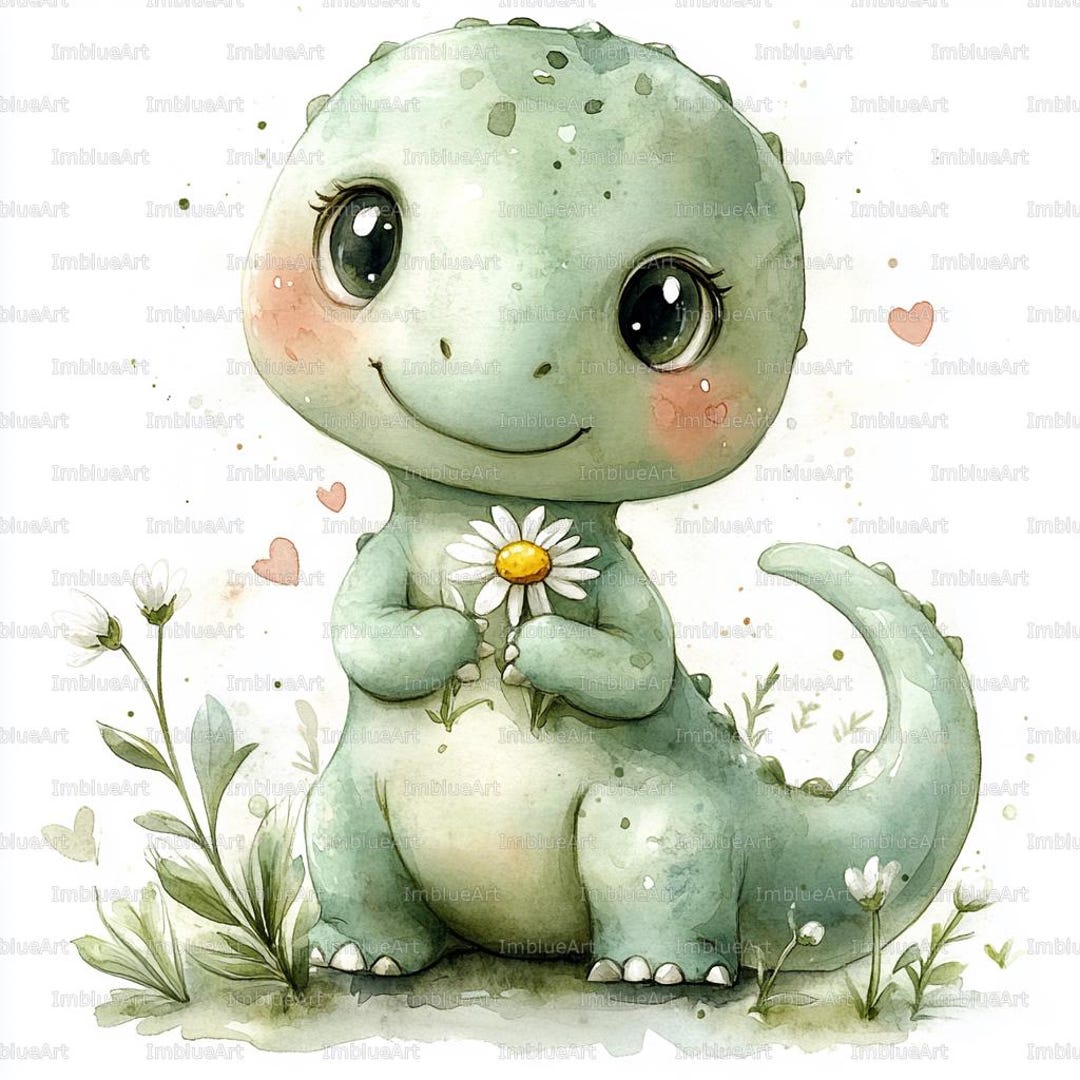 24 Kawaii Dino Clipart, Cute Baby Dinosaur With Flower, Watercolor ...
